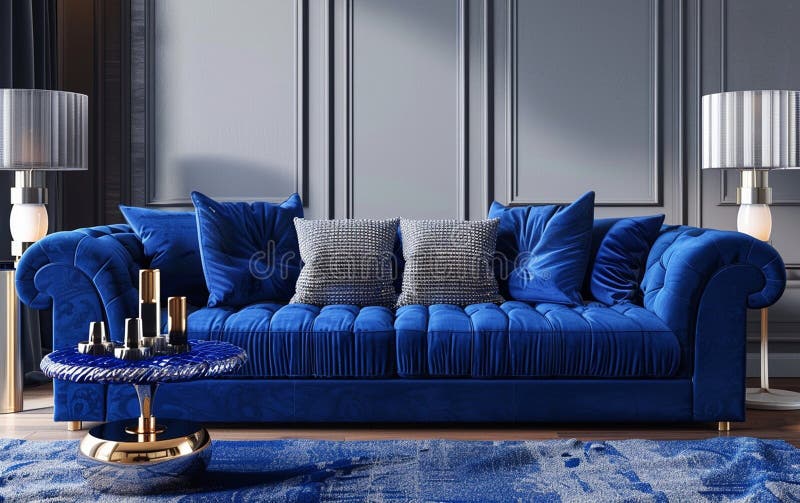 Elegant Royal Blue Sofa with Cushions -Generative Ai Stock Photo ...