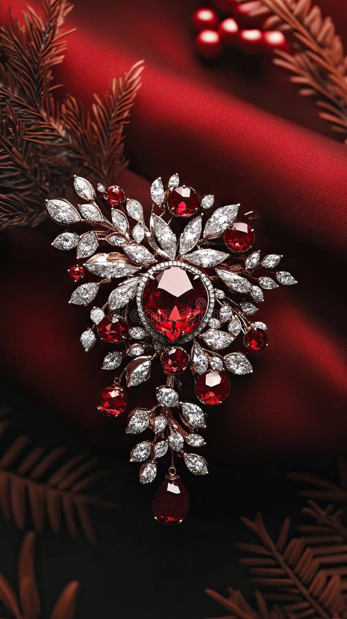 An Elegant Ruby and Diamond Brooch Beautifully Displayed on Rich ...