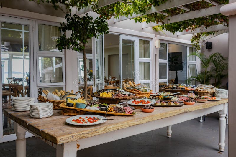 Elegant Rustic Buffet Table Setup for Outdoor Event Stock Image - Image ...