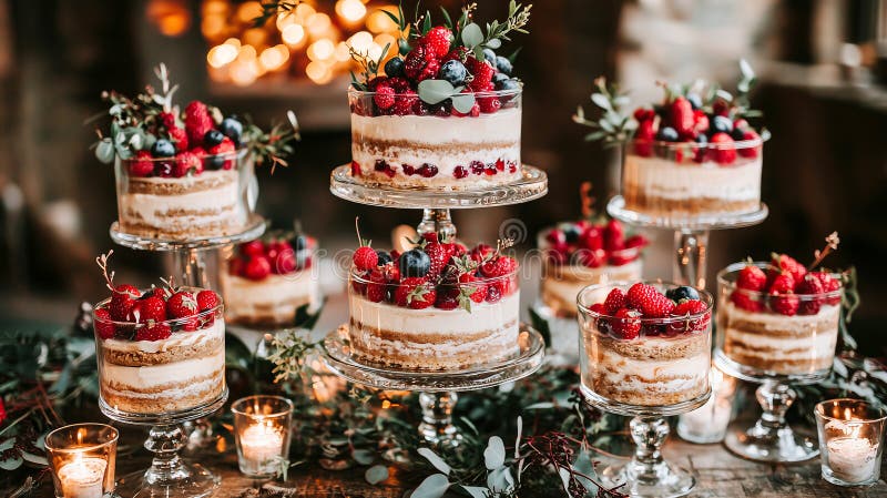 Elegant Rustic Dessert Display with Berry Topped Cakes at Candlelit ...