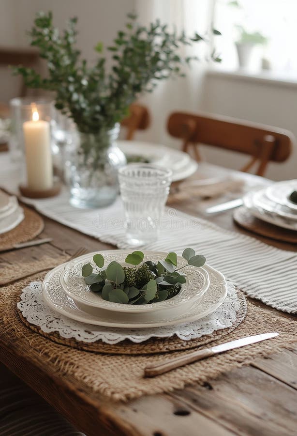 Elegant Rustic Dining Table with Fresh Greenery and Soft Lighting for a ...