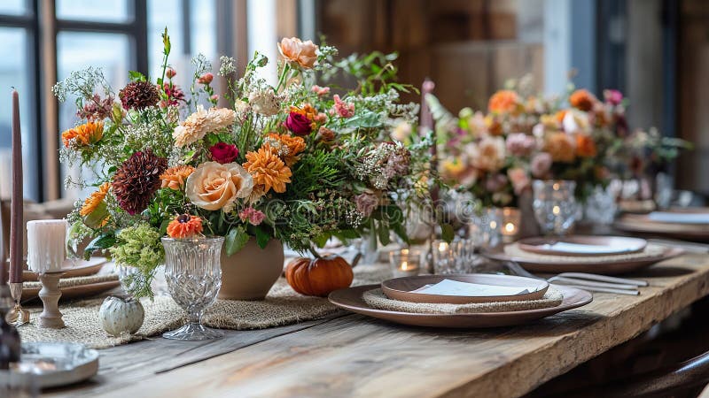 Elegant Rustic Floral Table Setting with Autumn Flowers and Warm ...