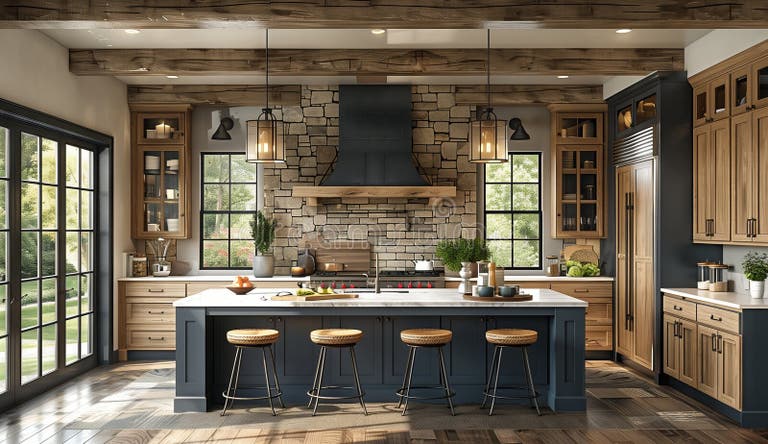 An Elegant Rustic Kitchen Featuring Modern Touches and Inviting Natural ...