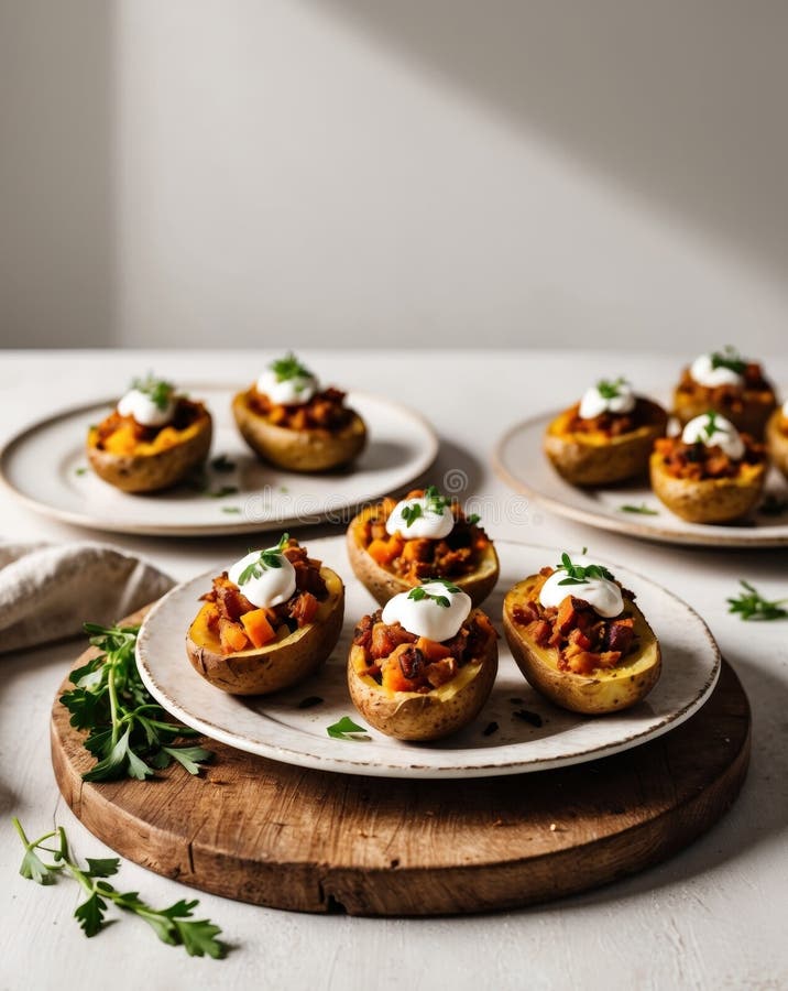 Elegant Rustic Presentation of Stuffed Potato Skins Stock Image - Image ...