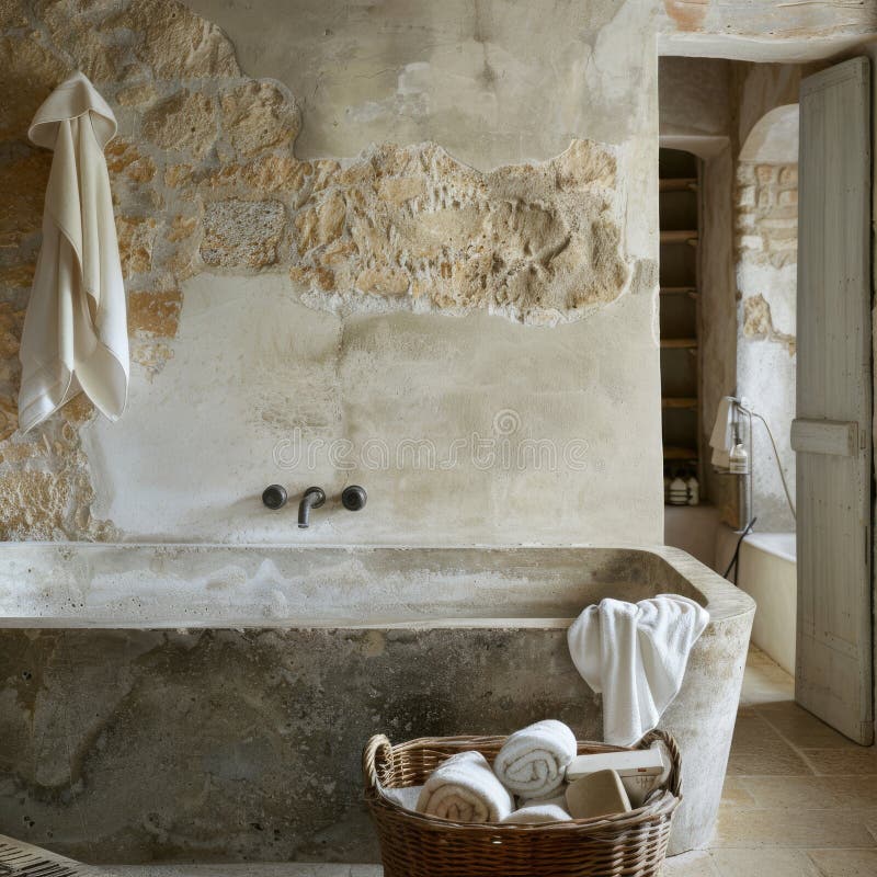 Elegant Rustic Spa Bathroom with Natural Stone Walls and a Luxurious ...