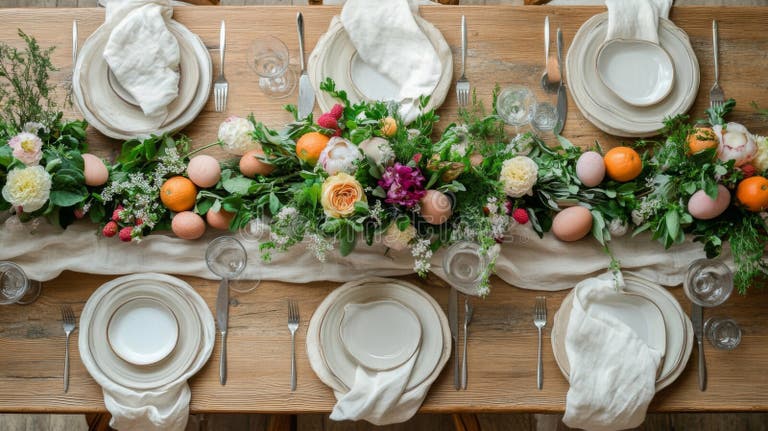 Elegant Rustic Spring Table Setting with Floral Centerpiece Stock Photo ...