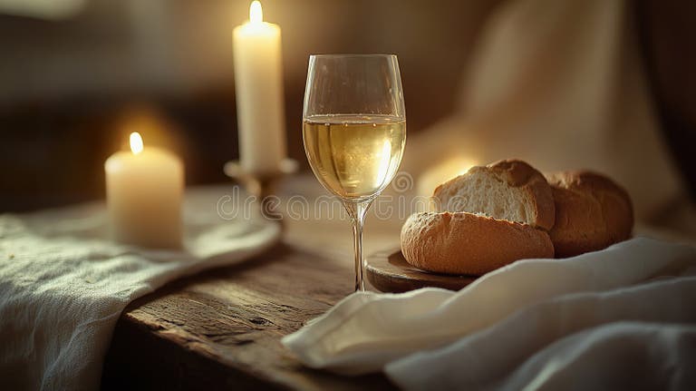 Elegant Rustic Table Setting for Communion with Candles, Bread, and ...