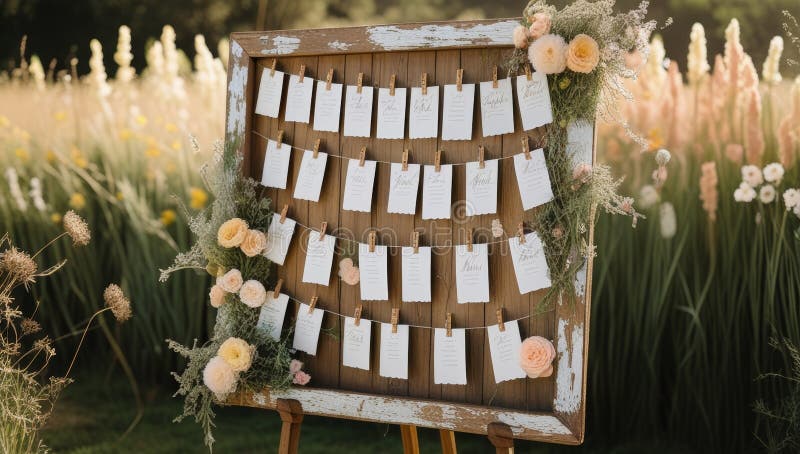 Elegant Rustic Wedding Seating Chart Display Decorated with Flowers and Greenery Stock ...