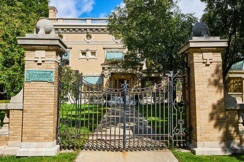 Elegant Ruthmere Mansion Entrance with Wrought-Iron Gate Stock Photo ...