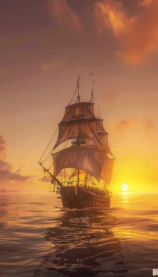 An Elegant Sailing Ship Gliding Across the Ocean at Sunset a Serene ...