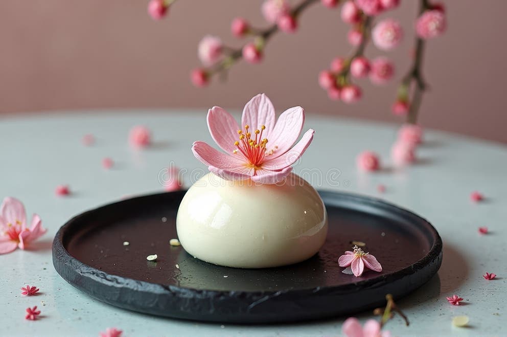 Elegant Sakura Dessert with Blossoms on Slate Plate Stock Image - Image ...