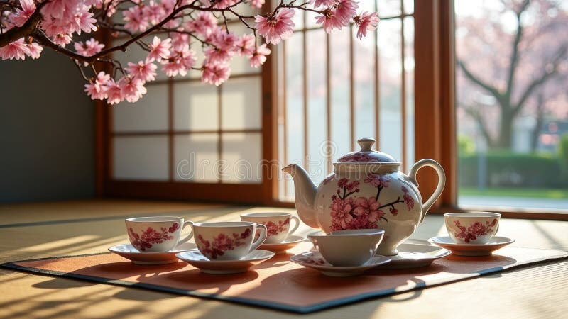 Elegant Sakura-themed Tea Set in Serene Japanese Room with Cherry ...