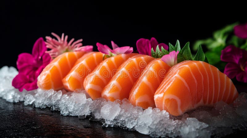 Elegant Salmon Sashimi Platter with Pink Flowers Stock Illustration ...