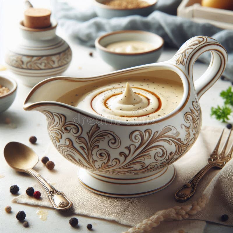 Elegant Sauce Boat Filled with Cream Sauce on White Background Stock ...