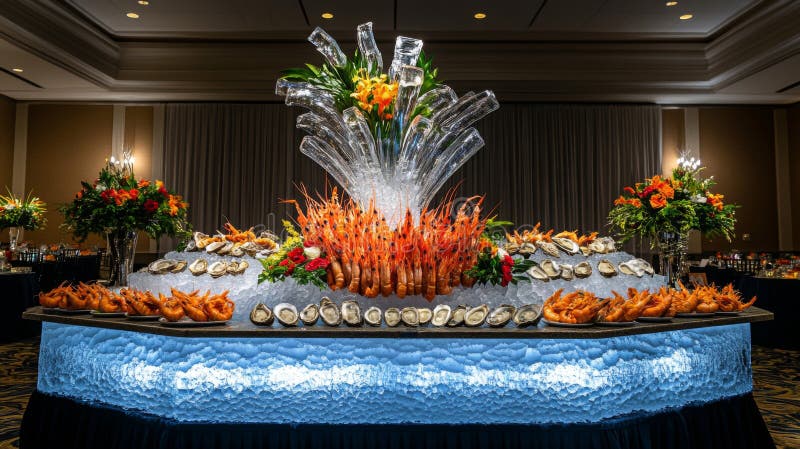 Elegant Seafood Display with Ice Sculpture and Flowers Stock ...