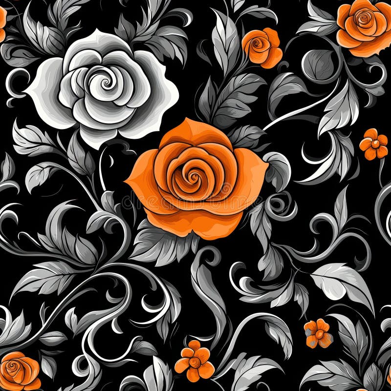 Elegant Seamless Floral Pattern with Orange and White Roses on Dark ...