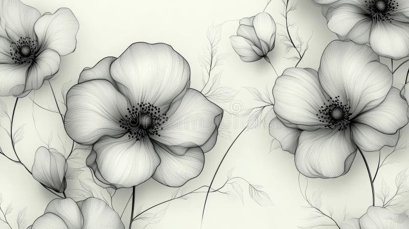 Elegant Seamless Line Pattern with Large Flowers for Wallpaper or ...