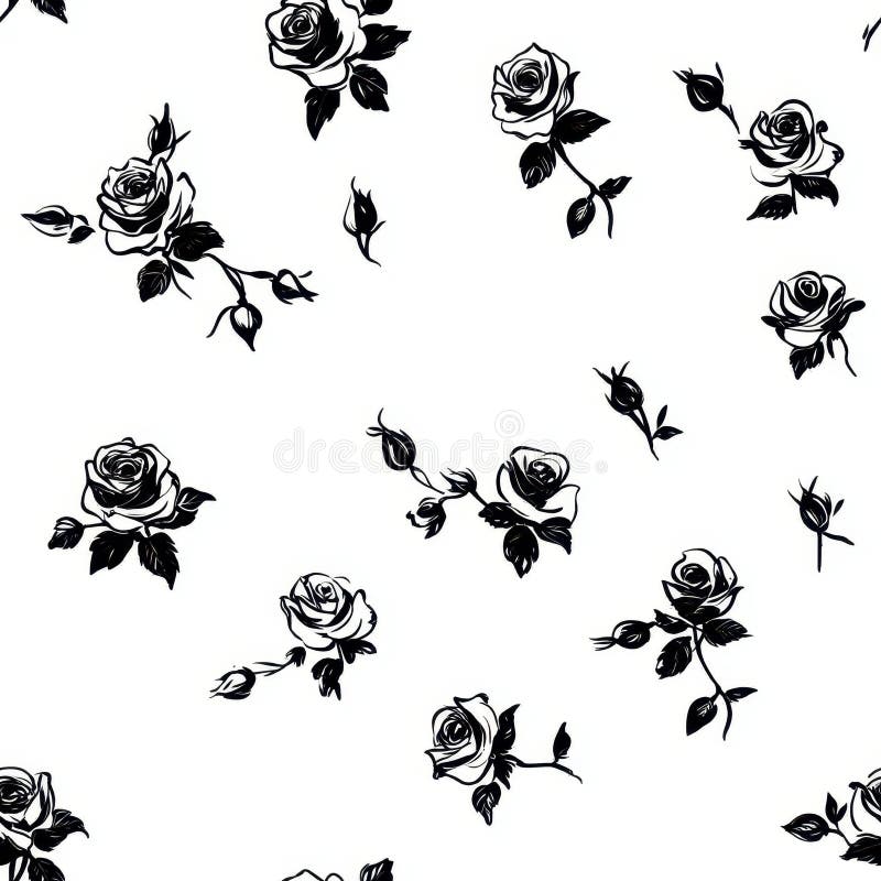 Elegant Seamless Pattern with Black Roses on White Background Stock ...