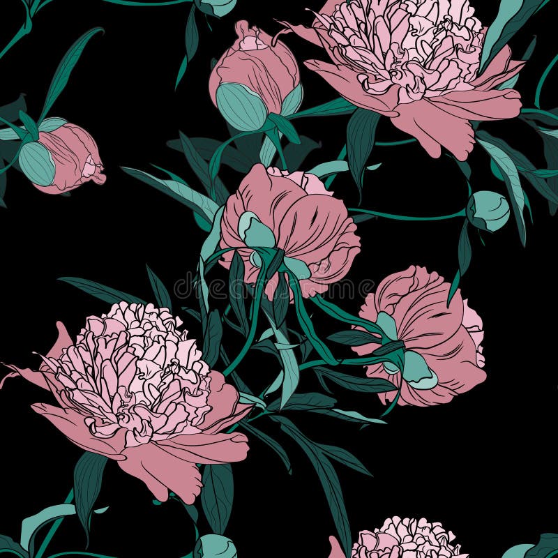 Elegant Seamless Peony Pattern on Black Background. Floral Tile Pattern ...