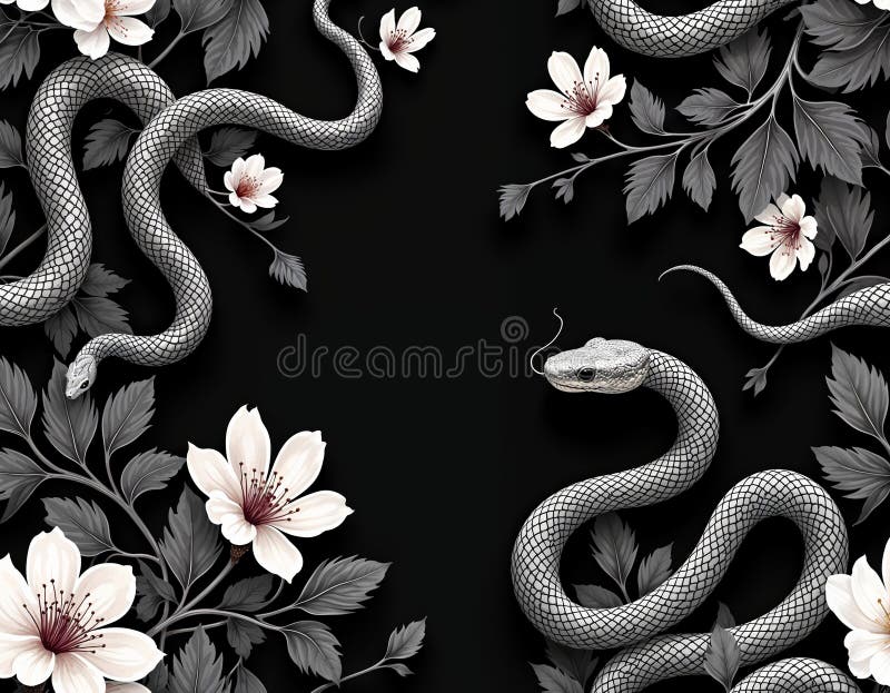 An Elegant Seamless Vector Pattern of White Snakes with Flowers and ...
