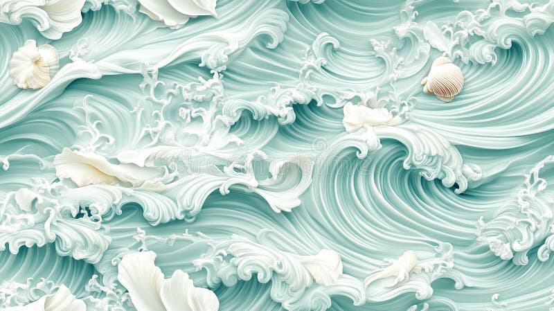 Elegant Seashells in Flowing Turquoise Oceanic Waves. Delicate Seamless ...