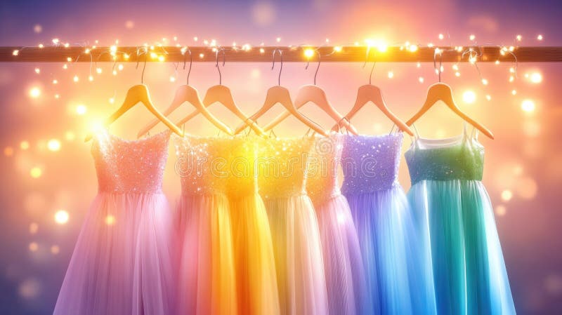 Elegant Sequence of Colorful Dresses with Sparkling Lights on Hangers ...