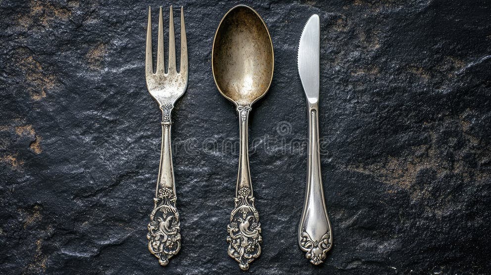 Elegant Set of Silverware Featuring a Spoon and Fork on a Dark ...