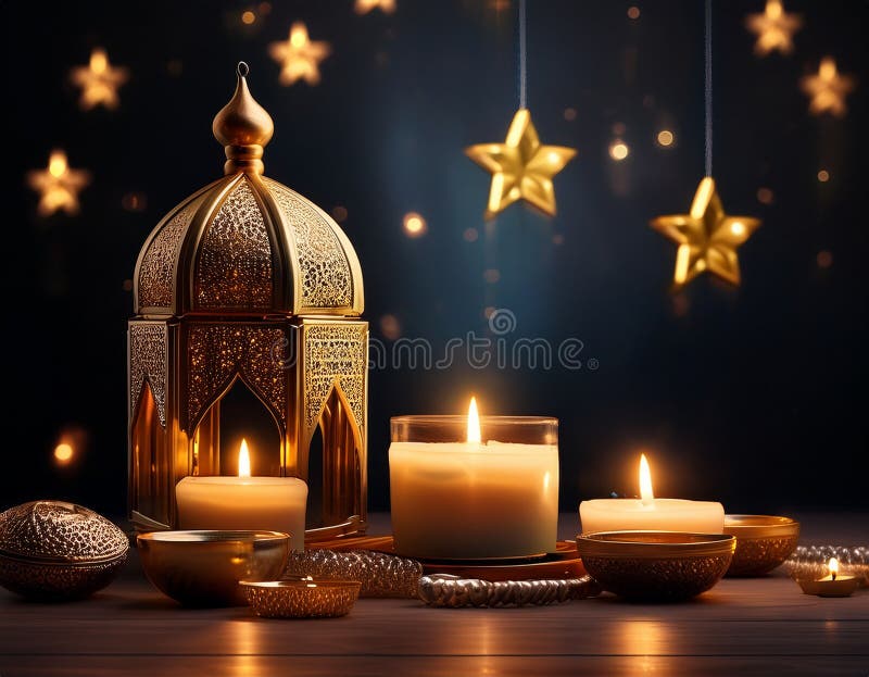 An Elegant Setting of Eid Festivities with Glowing Candles and Golden ...