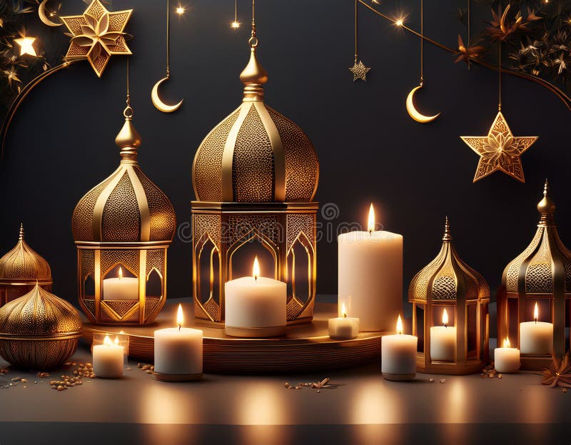 An Elegant Setting of Eid Festivities with Glowing Candles and Golden ...