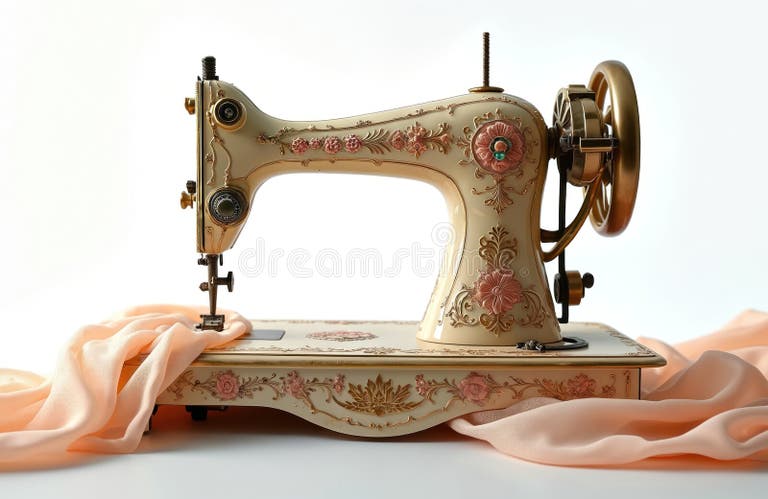 Elegant Sewing Machine on White Surface. Fabric Drapes Around Sewing ...