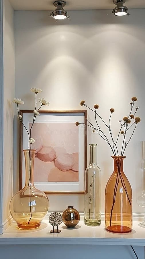 Elegant Shelf Display with Glass Vases and Minimalist Art in Soft ...