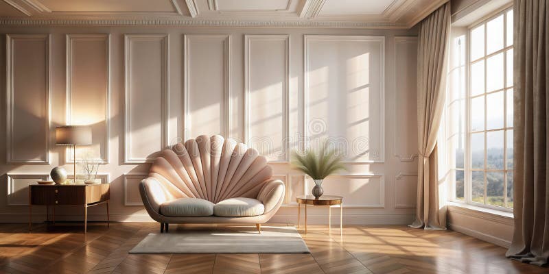 Elegant Shell-shaped Sofa in Sunlit Room with Classic Moldings ...