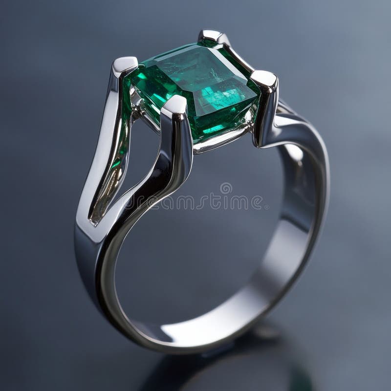 Elegant Silver Band with Emerald Gemstone on Reflective Surface Stock ...