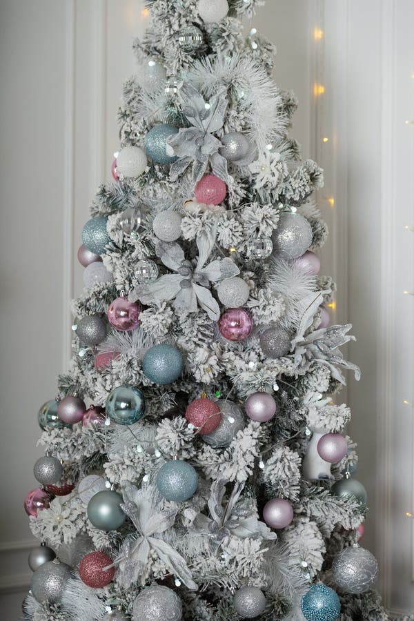 Elegant Silver Christmas Tree in a Christmas Decor. Stock Photo - Image ...
