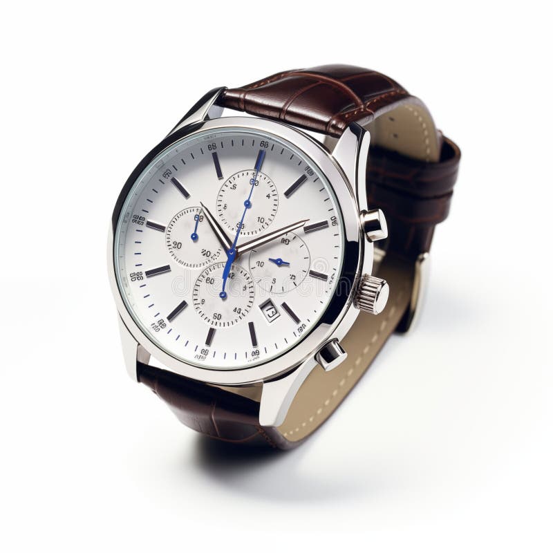 Elegant Silver Chronograph Watch with Brown Leather Strap Displayed ...