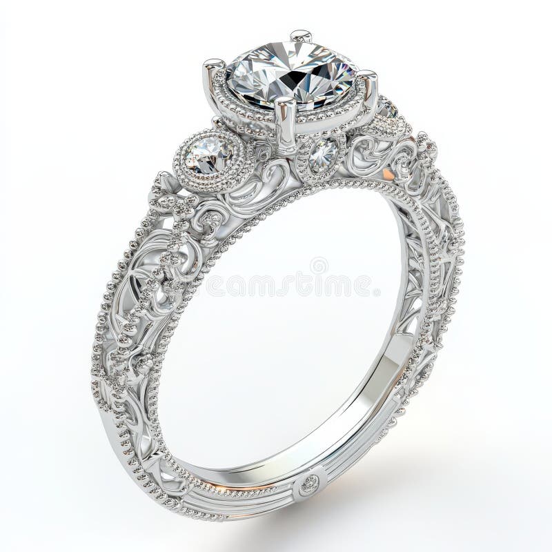 Elegant Silver Engagement Ring Adorned with Intricate Designs and ...