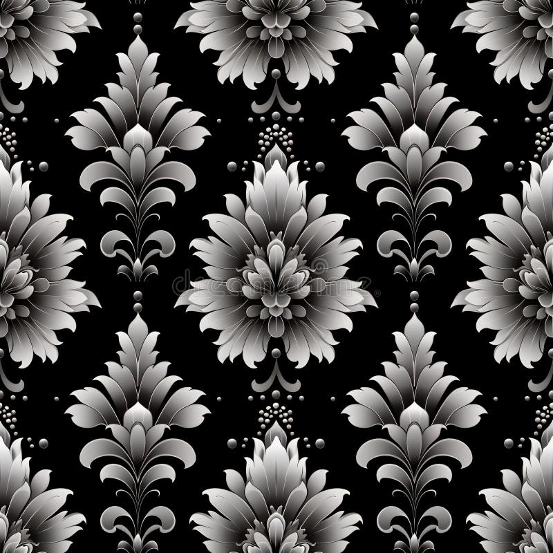 Elegant Silver Floral Pattern on Black Stock Illustration ...