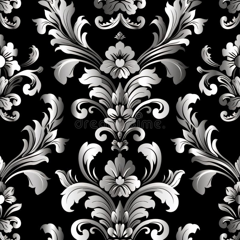 Elegant Silver Floral Pattern on Black Stock Illustration ...