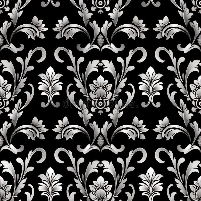 Elegant Silver Floral Pattern on Black Stock Illustration ...