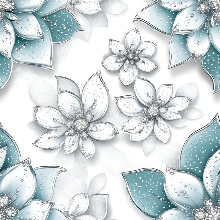 Elegant Silver Floral Pattern with Water Droplets on White Background ...