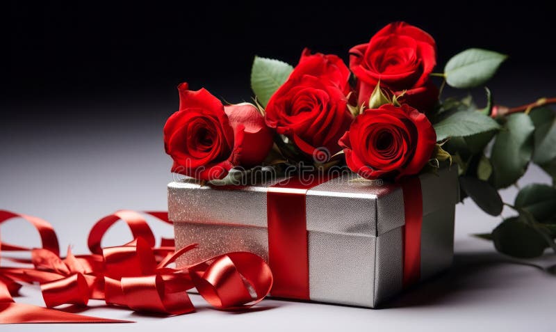 Elegant Silver Gift Box with Red Ribbon and Romantic Red Roses on a ...