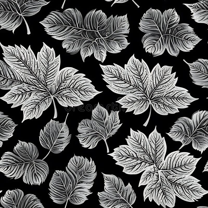 Elegant Silver Leaf Pattern on Black Background Botanical Design Stock ...