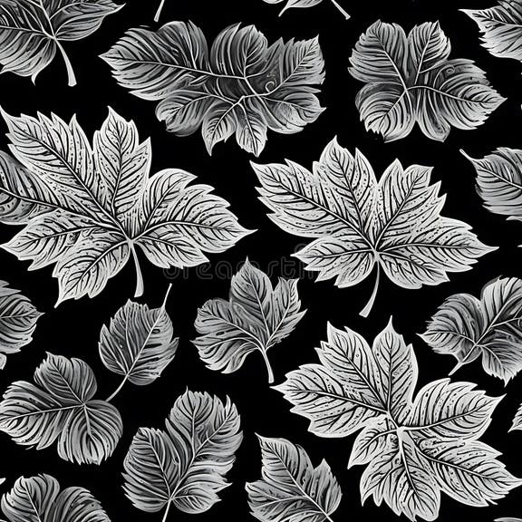 Elegant Silver Leaf Pattern on Black Background Botanical Design Stock ...