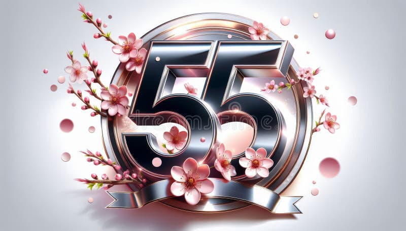 Elegant Silver Number 55 with Delicate Pink Cherry Blossoms on a Light ...