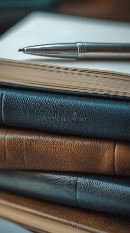 Elegant Silver Pen on Leather Notebooks Stack Close-Up Stock ...