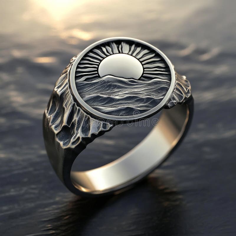 Elegant Silver Ring with Sun and Waves Design Symbolizing Nature Stock ...
