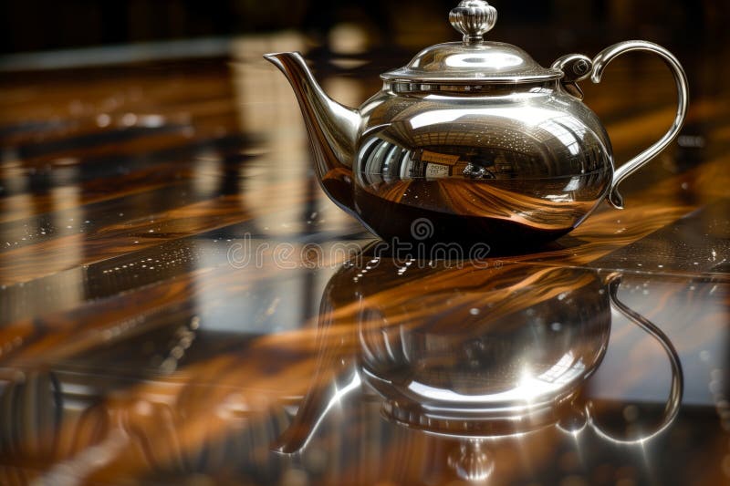 Elegant Silver Teapot on a Polished Wood Surface with Reflection Stock ...