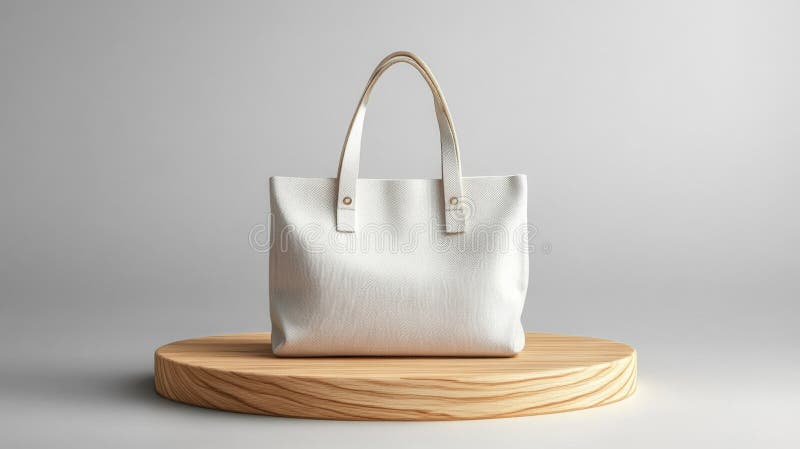 Elegant Silver Tote Bag Displayed on Round Wooden Platform in Studio ...