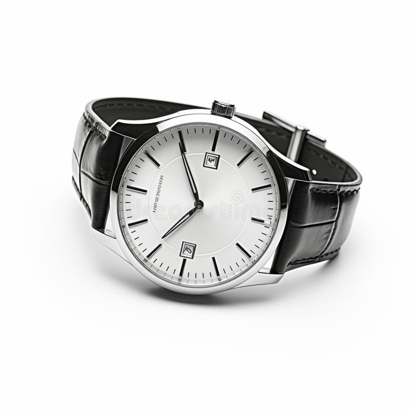 Elegant Silver Watch with Black Leather Strap and Simple White Dial on ...