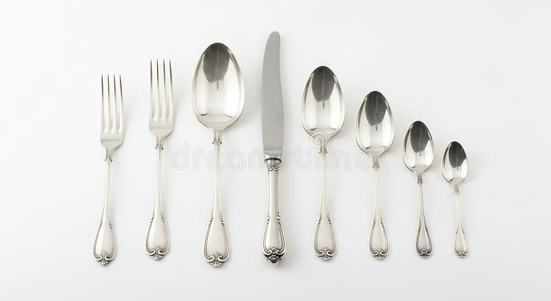 Elegant Silverware Flatware Set Arrangement on White Background, Shiny ...